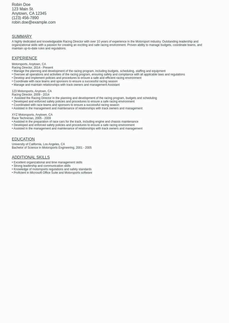 Race Director Resume Sample Template (Free Download) - Ziprecruiter