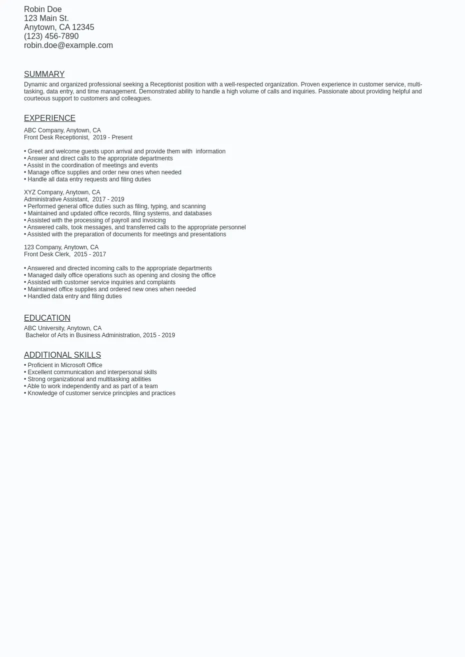 Receptionist Resume Sample Template (free Download) - Ziprecruiter