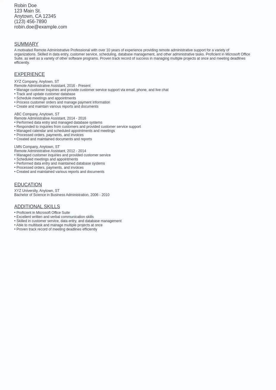 Remote Administrative Resume Sample Template (Free Download) - Ziprecruiter