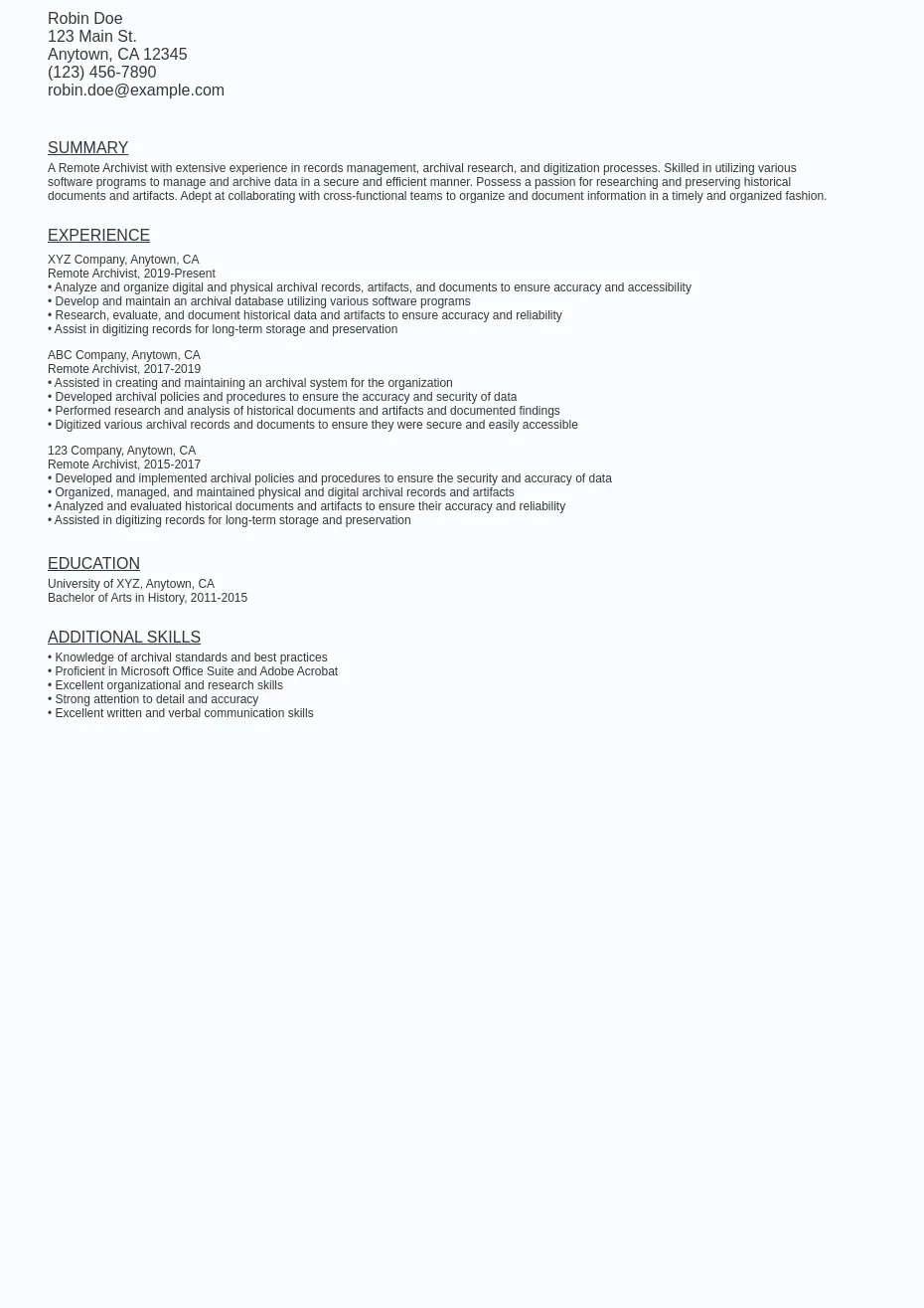 Remote Archivist Resume Sample Template (Free Download) - Ziprecruiter