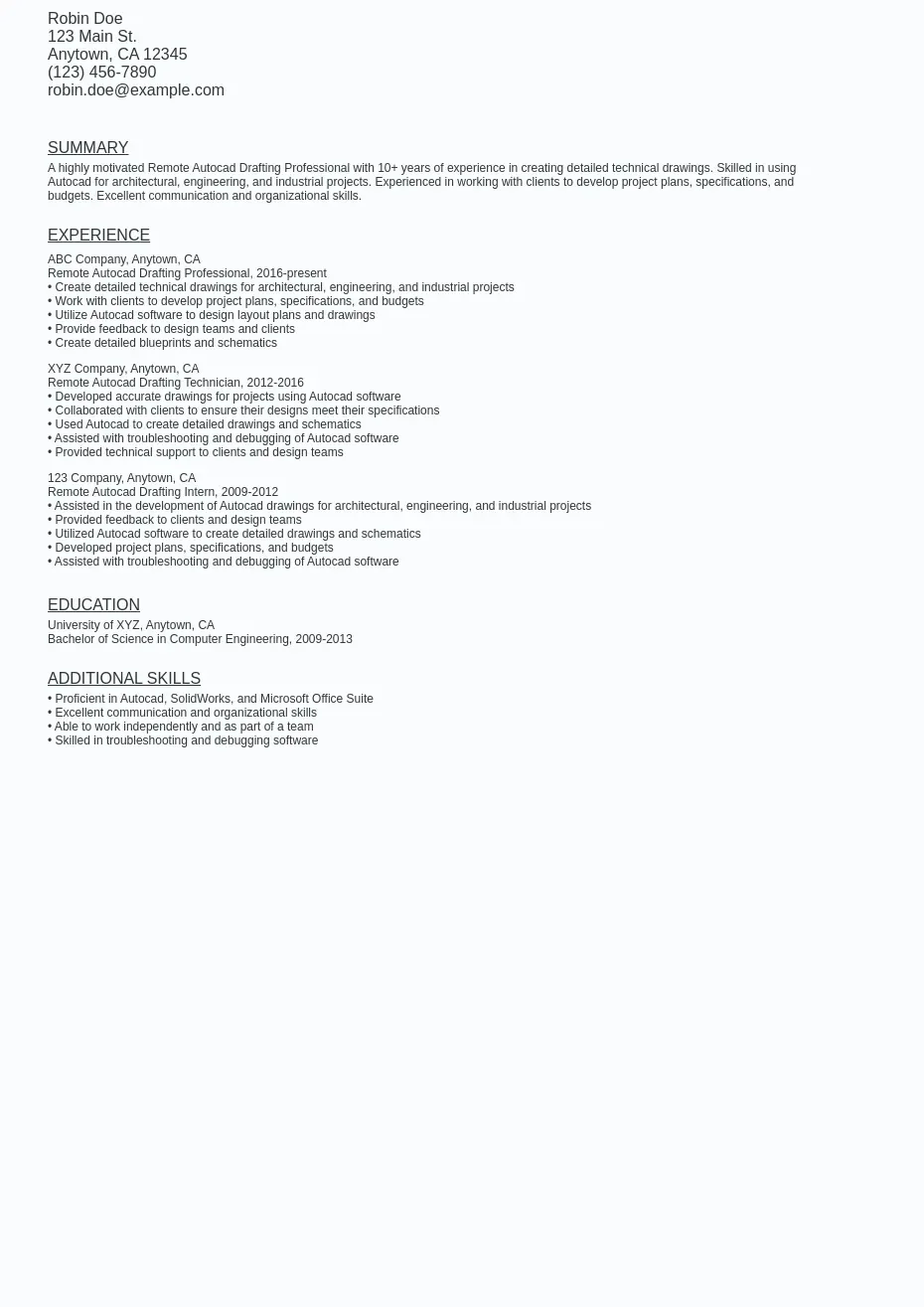 Remote Autocad Drafting Resume Sample Template (Free) - Ziprecruiter