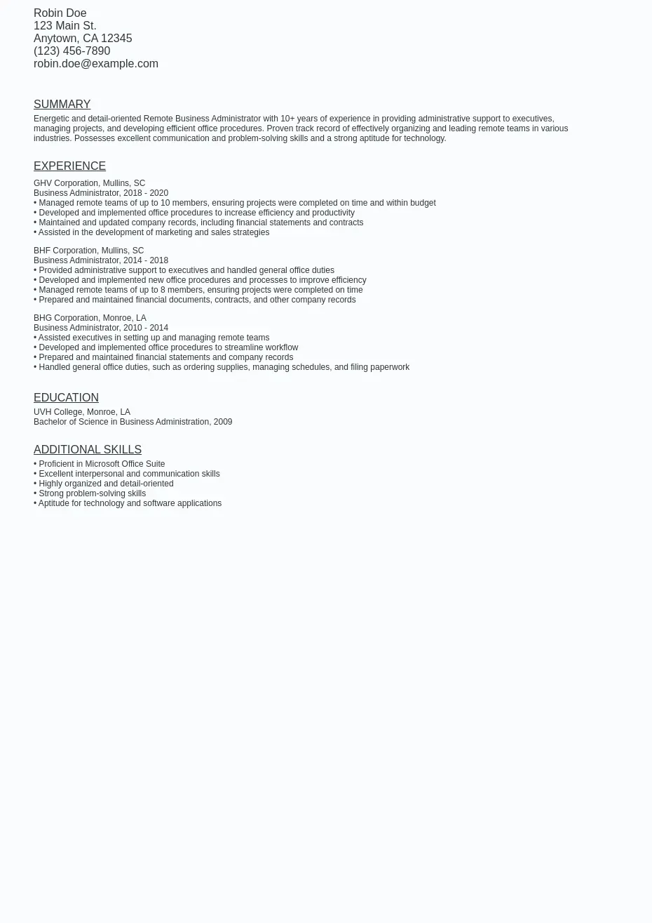 Remote Business Administration Resume Sample Template (Free) - Ziprecruiter