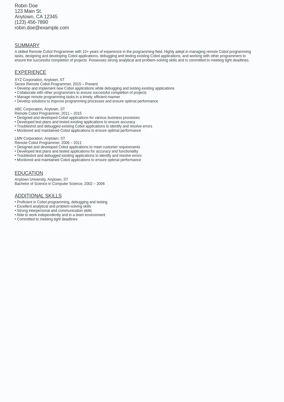 Remote Cobol Programmer Resume Sample Template (Free) - Ziprecruiter
