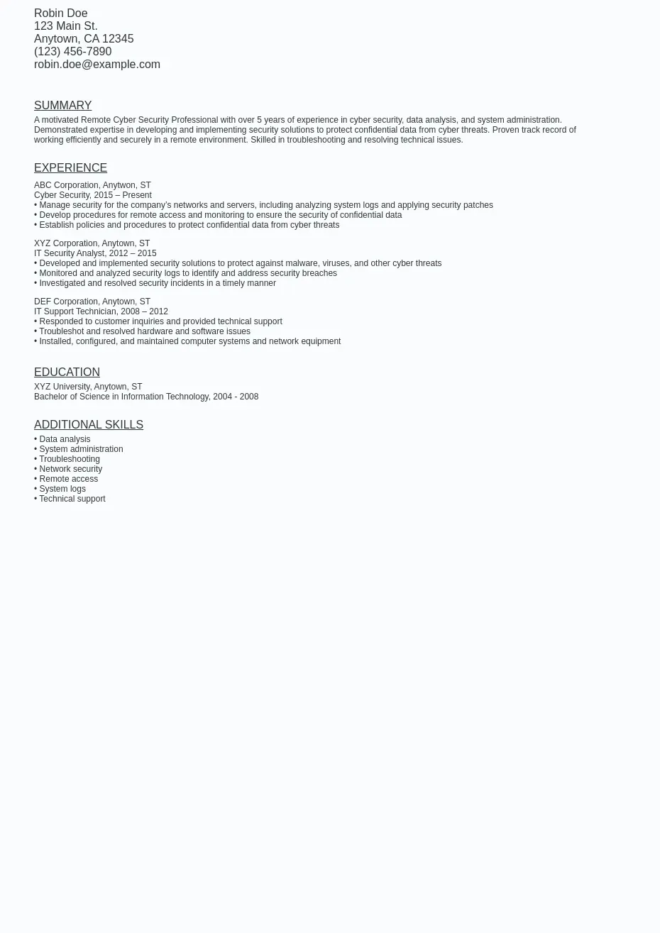 Remote Cyber Security Resume Sample Template (Free Download) - Ziprecruiter