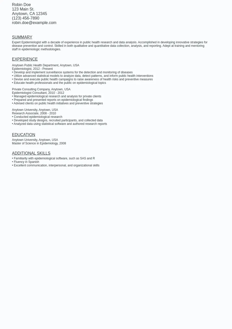 Remote Epidemiologist Resume Sample Template (Free Download) - Ziprecruiter