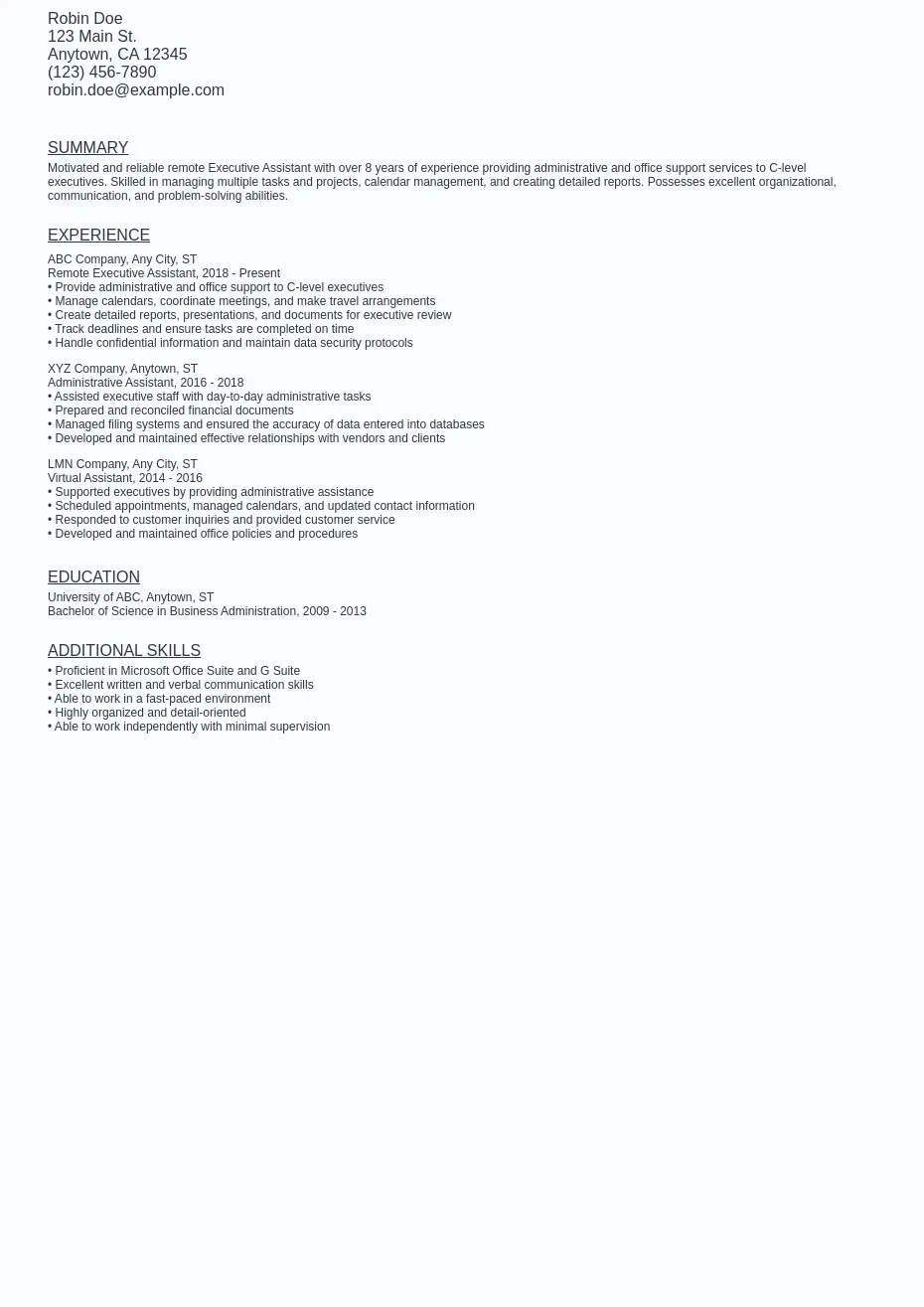 Remote Executive Assistant Resume Sample Template (Free) - Ziprecruiter