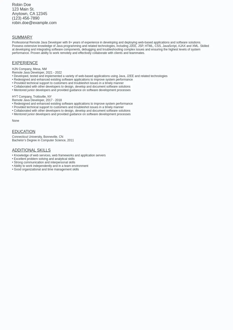 Remote Java Developer Resume Sample Template (Free Download) - Ziprecruiter