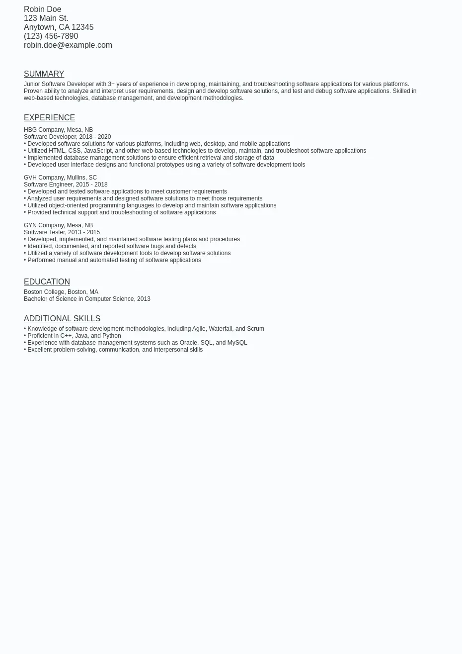 Remote Junior Software Developer Free Resume Sample Template - Ziprecruiter Remote Junior Software Developer Free Resume Sample Template - Ziprecruiter