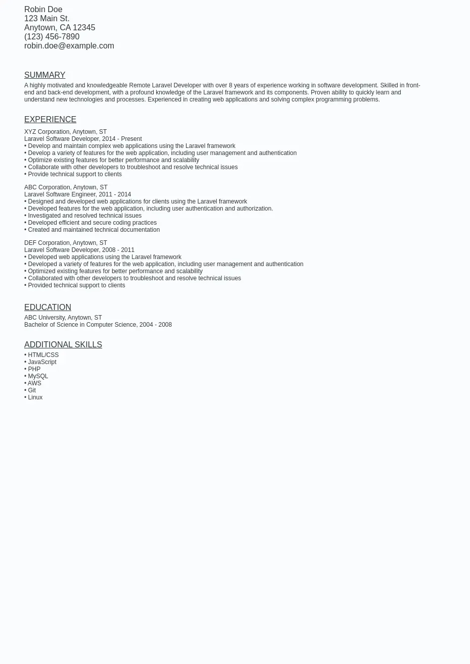 Remote Laravel Resume Sample Template (Free Download) - Ziprecruiter