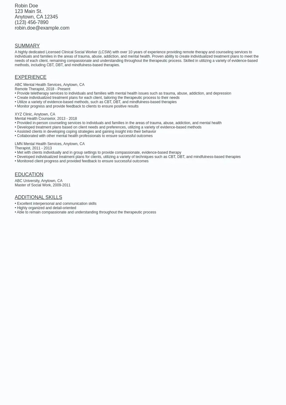 Remote Licensed Clinical Social Worker (LCSW) Resume Sample - Ziprecruiter