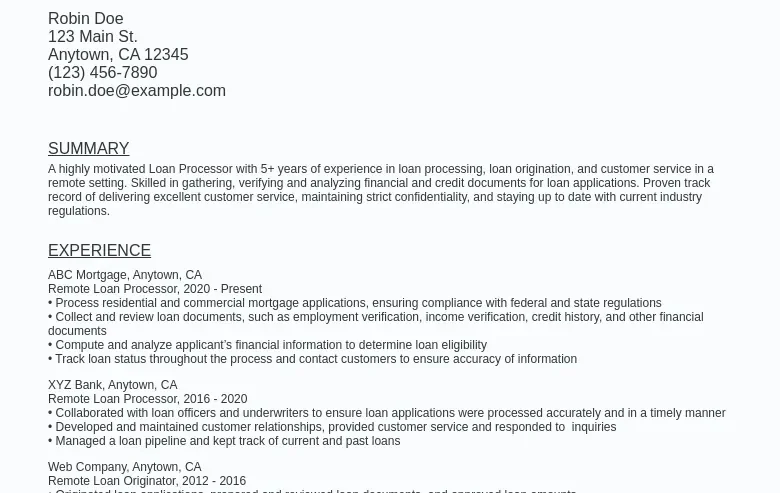 Remote Loan Processor Resume Sample Template (Free Download) - Ziprecruiter