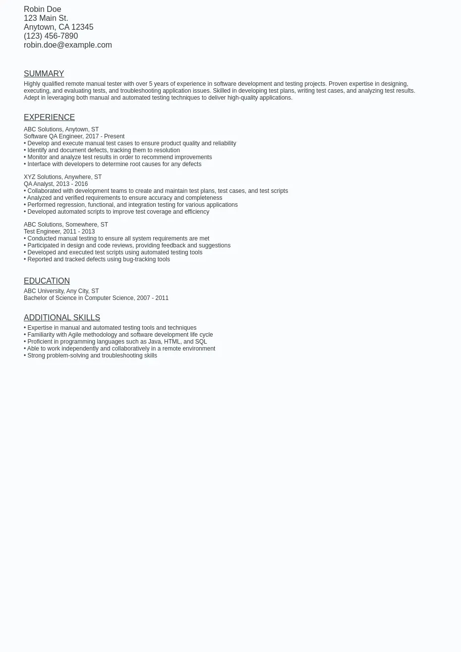 Remote Manual Tester Resume Sample Template (Free Download) - Ziprecruiter
