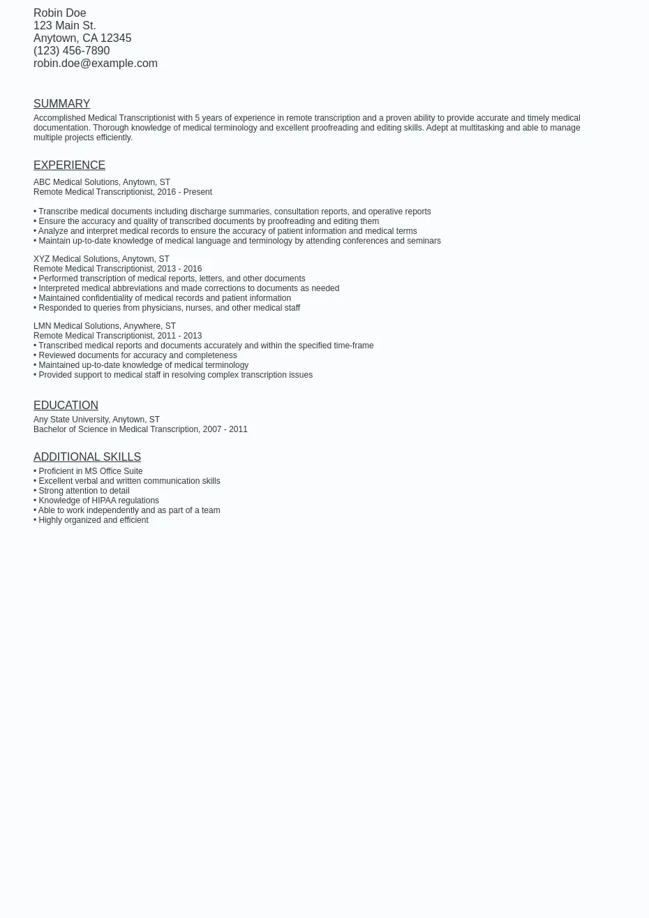Remote Medical Transcription Resume Sample Template (Free) - Ziprecruiter