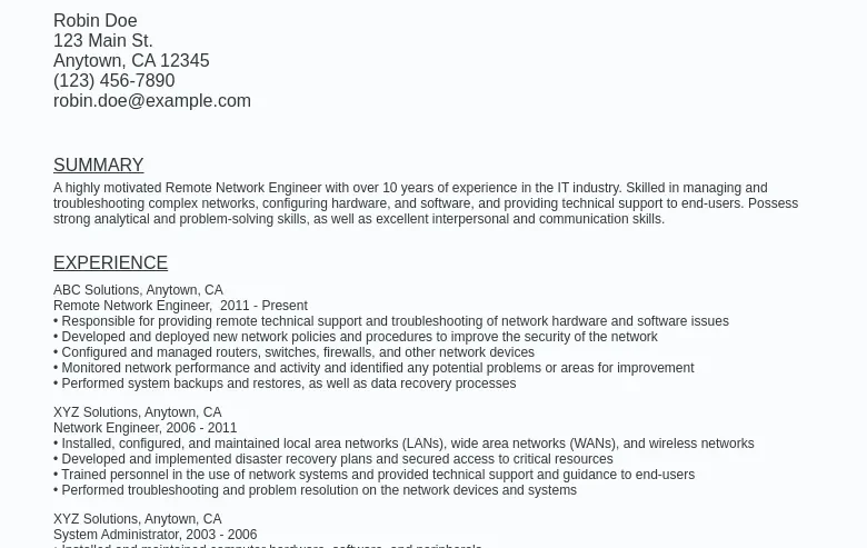 Remote Network Engineer Resume Sample Template (Free) - Ziprecruiter