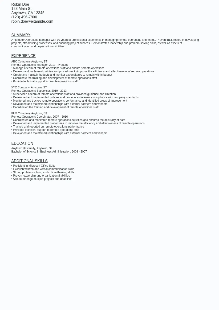 Remote Operations Manager Resume Sample Template (Free) - Ziprecruiter