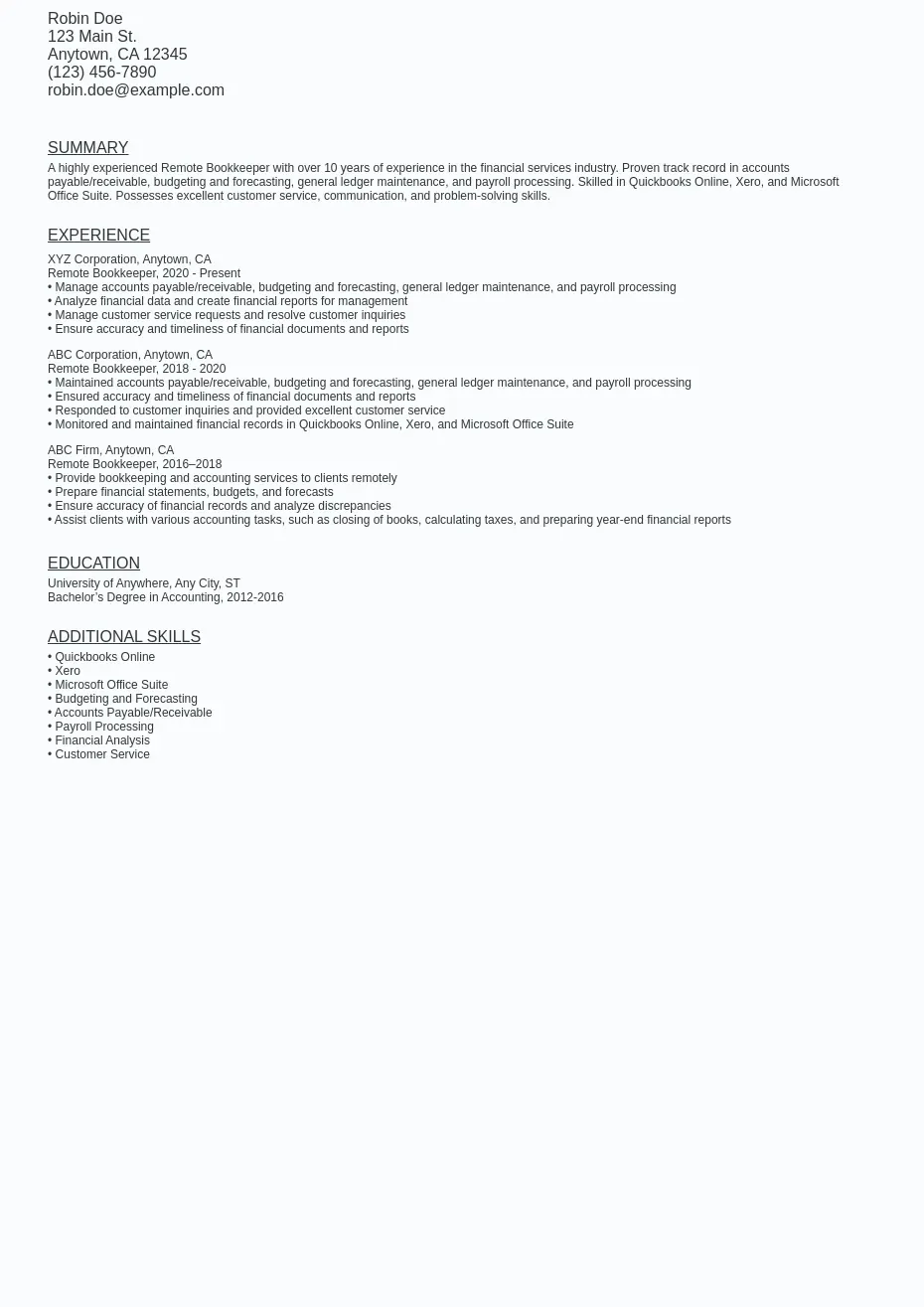 Remote Quickbooks Resume Sample Template (Free Download) - Ziprecruiter