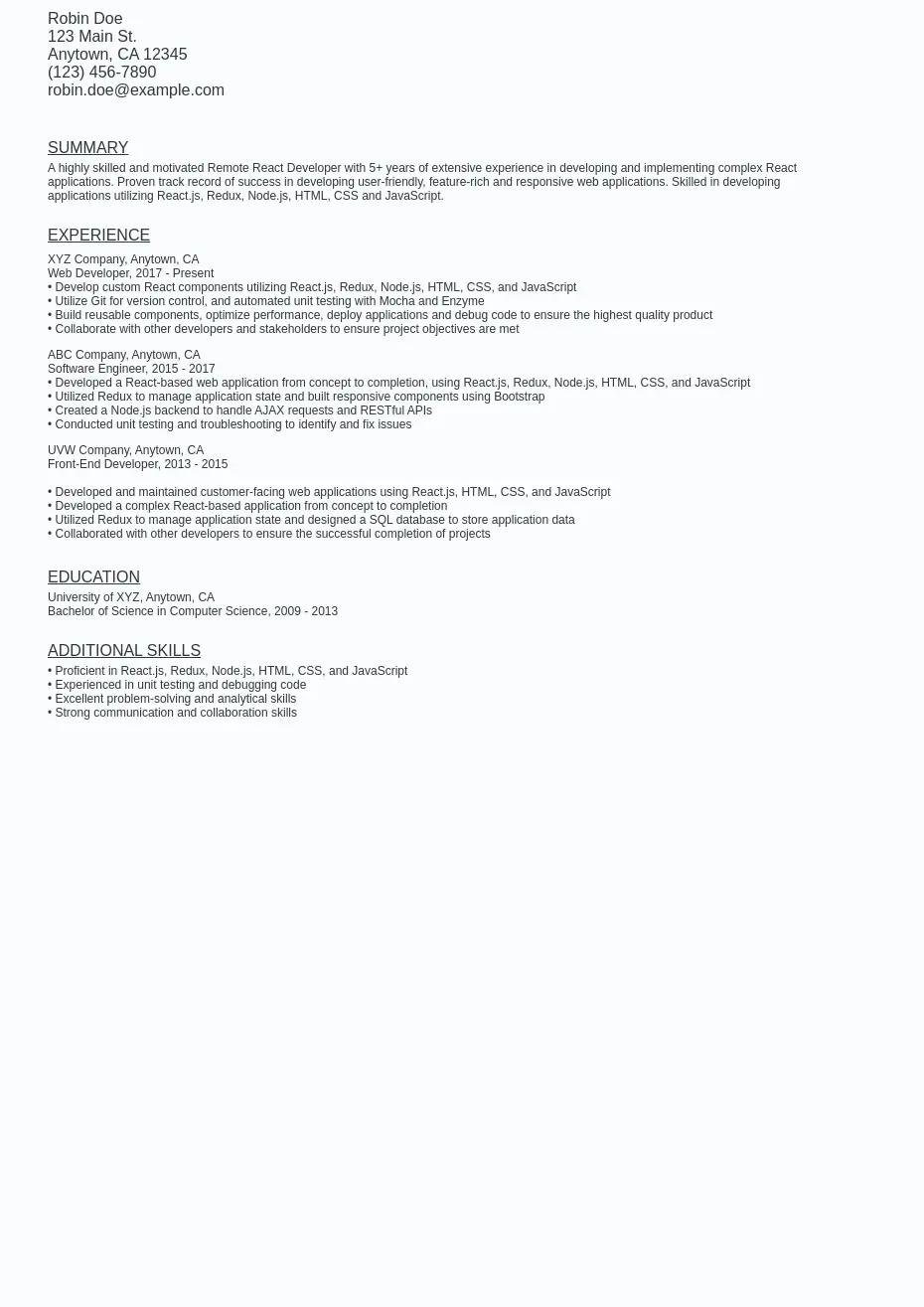 Remote React Developer Resume Sample Template: Free Download - Ziprecruiter Remote React Developer Resume Sample Template: Free Download - Ziprecruiter