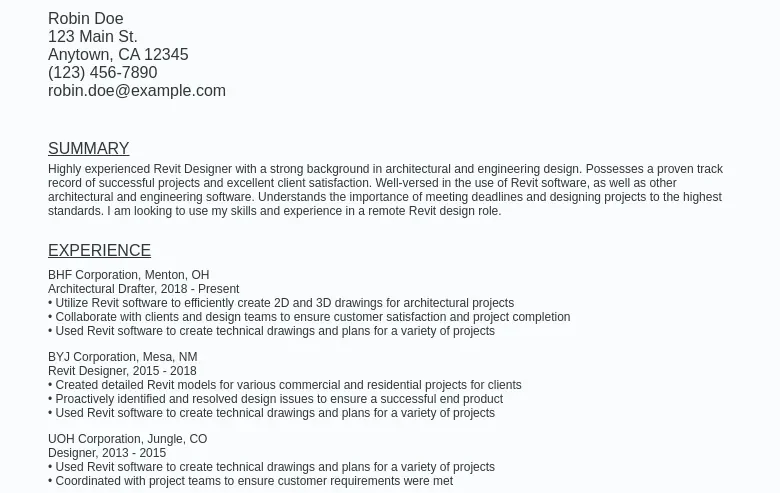 Remote Revit Designer Resume Sample Template (Free Download) - Ziprecruiter