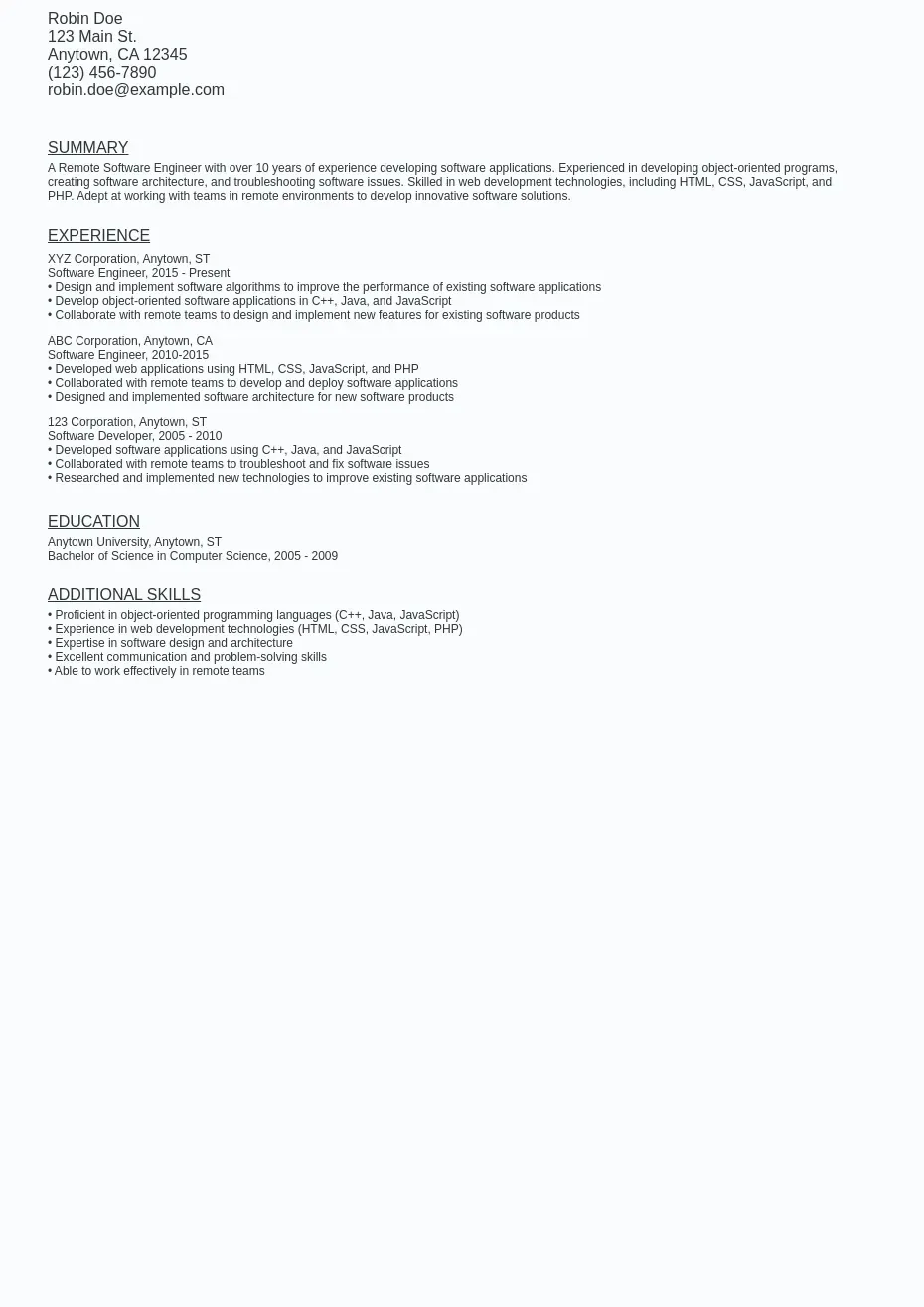 Remote Software Engineer Resume Sample Template (Free) - Ziprecruiter