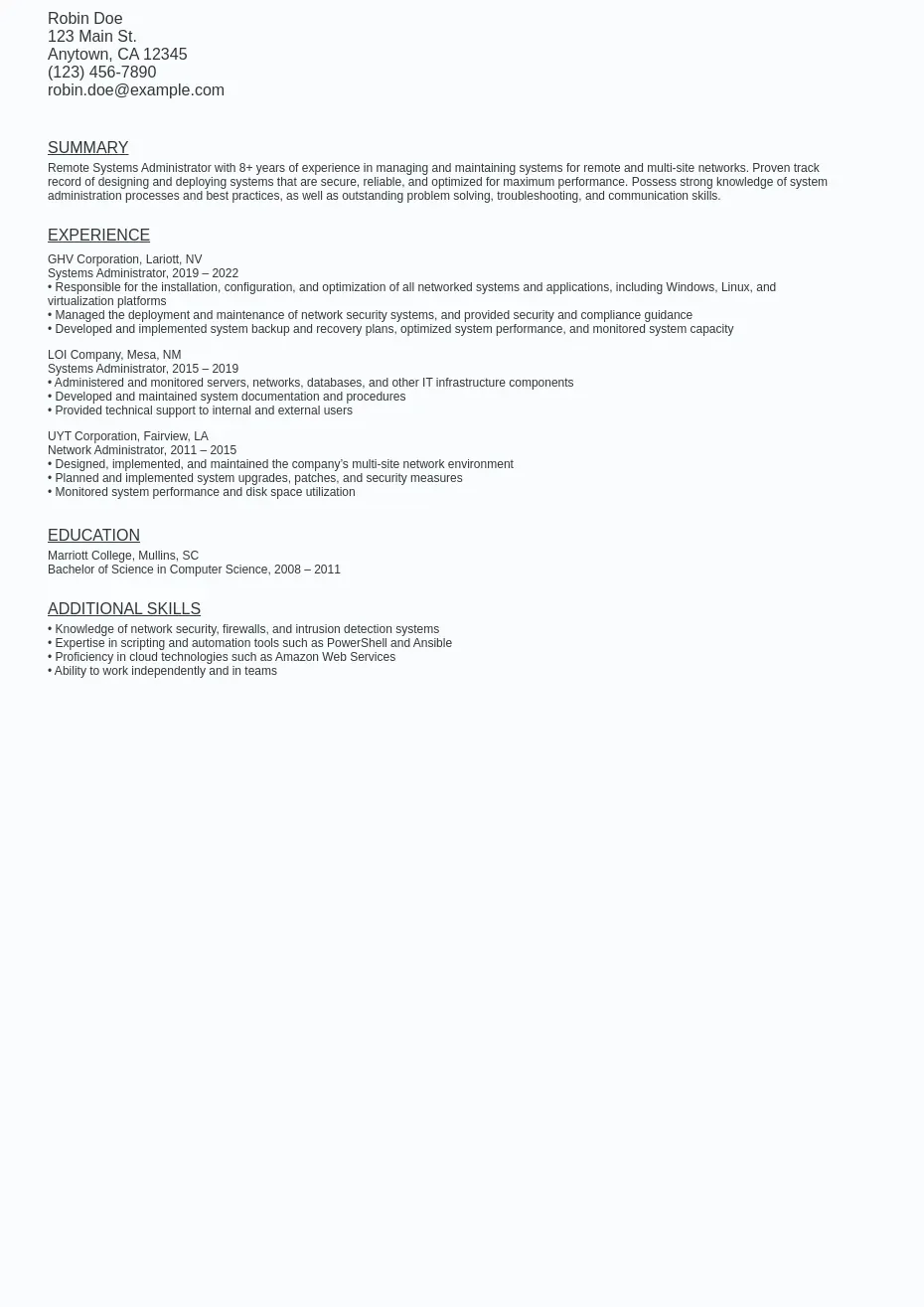 Remote Systems Administrator Resume Sample Template (Free) - Ziprecruiter