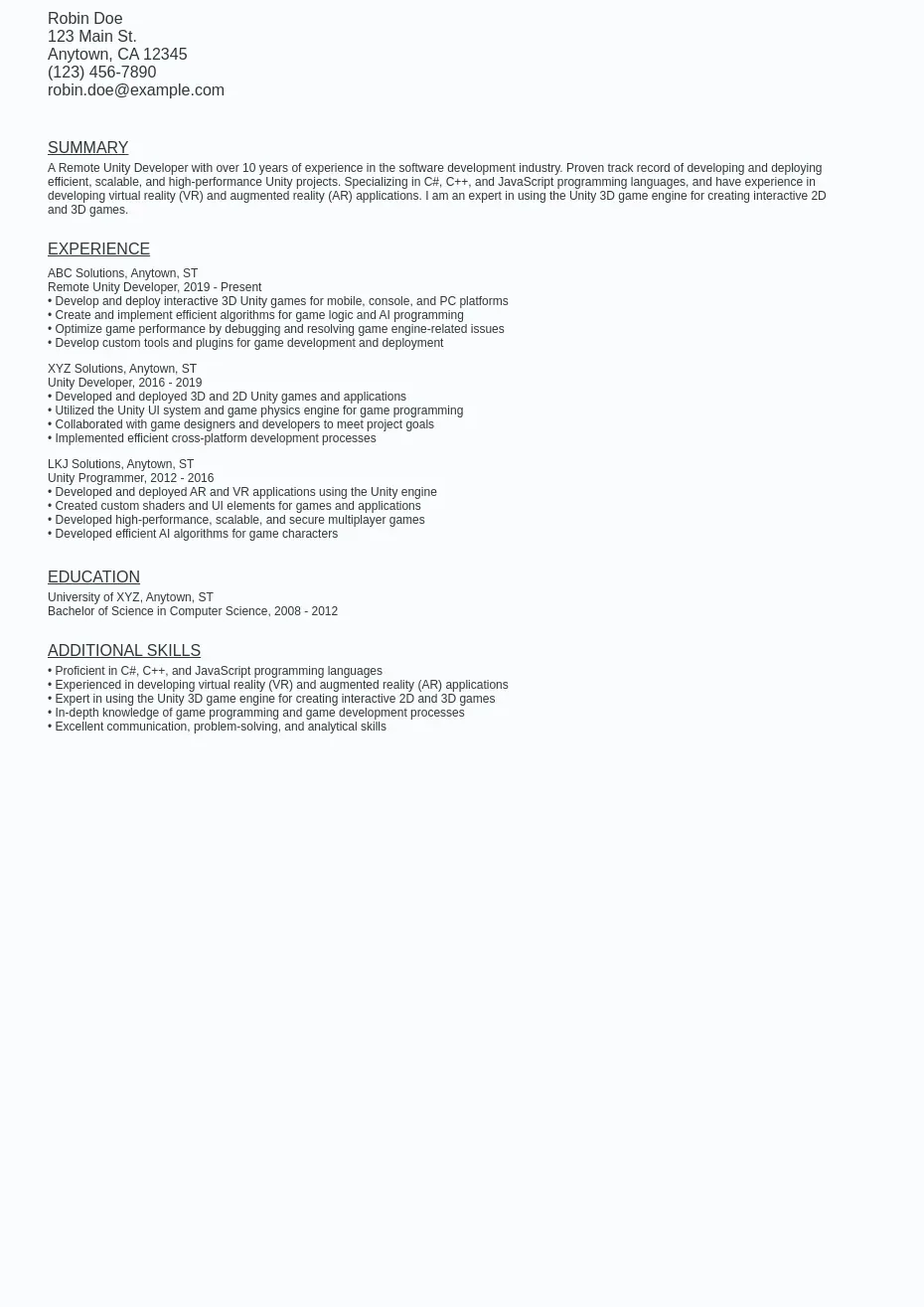 Remote Unity Developer Resume Sample Template Free Download - Ziprecruiter