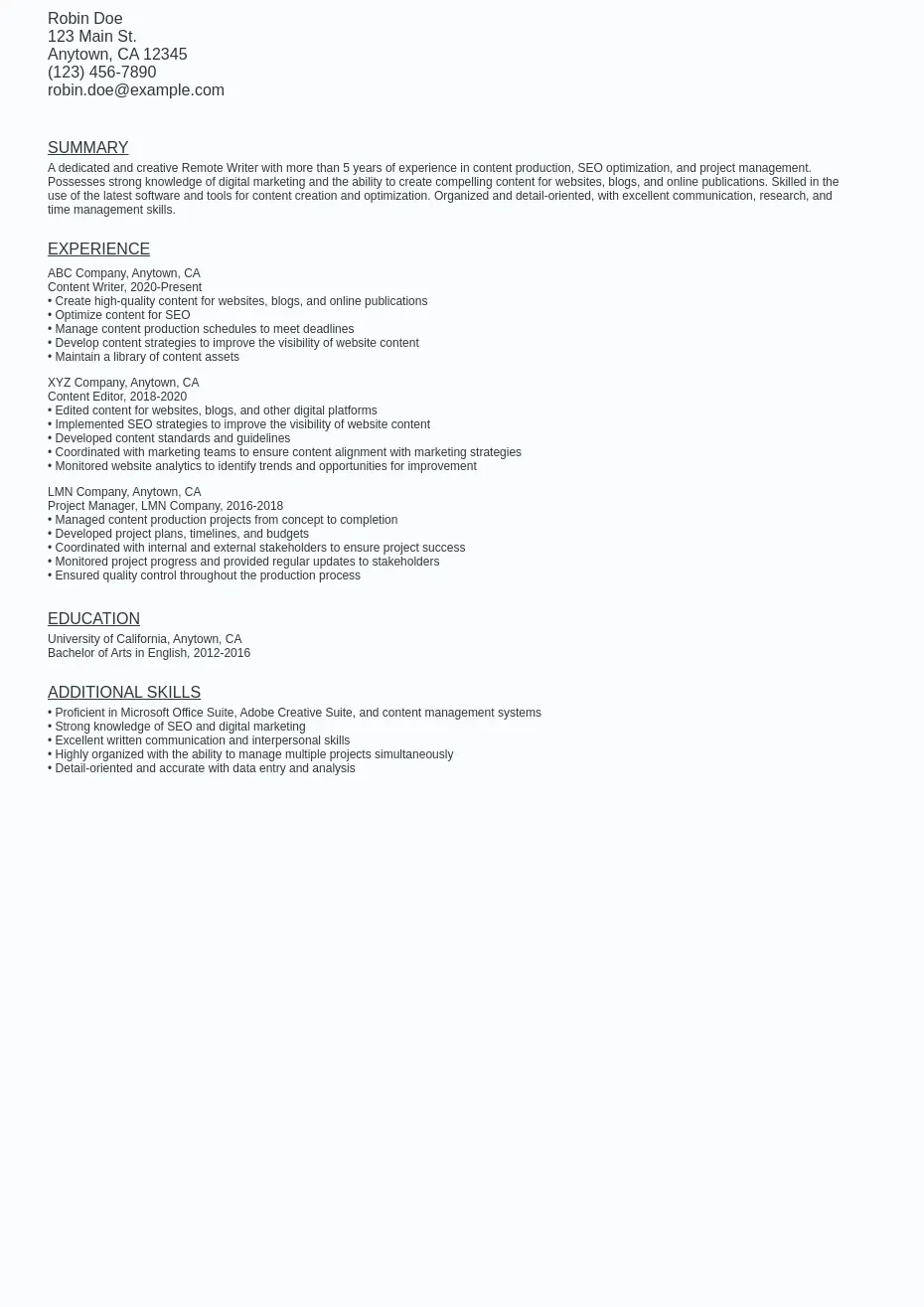 Remote Writer Resume Sample Template (Free Download) - Ziprecruiter