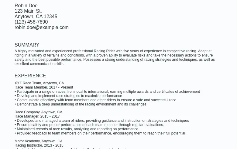 Rider Resume Sample Template (Free Download) - Ziprecruiter