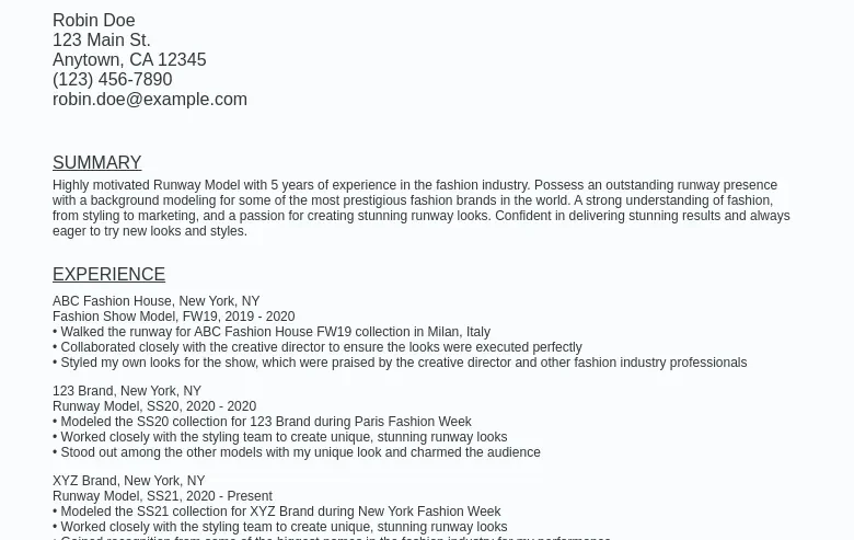 Runway Model Resume Sample Template (Free Download) - Ziprecruiter