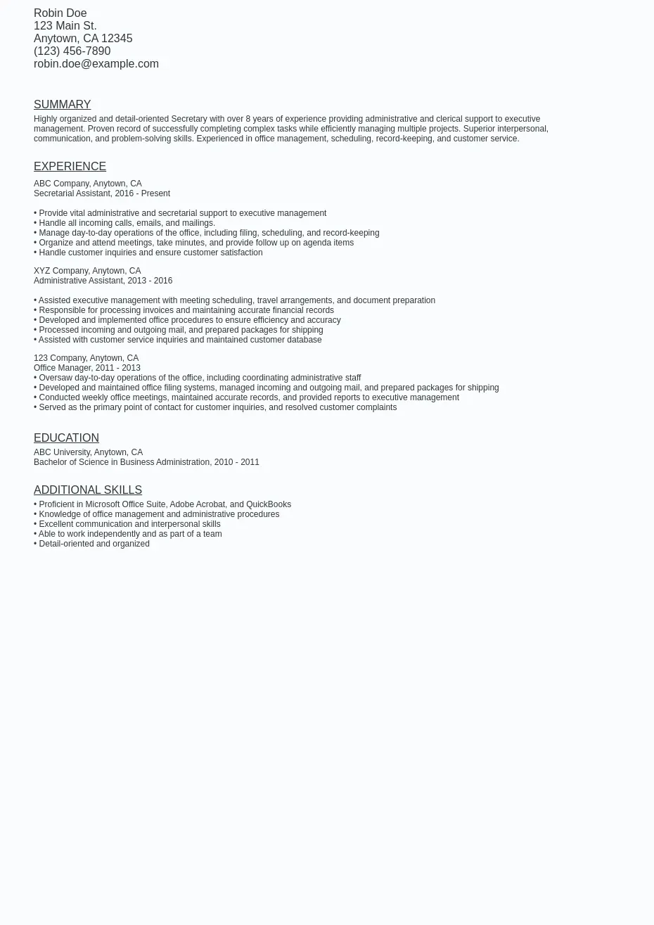 Secretary Resume Sample Template (Free Download) - Ziprecruiter