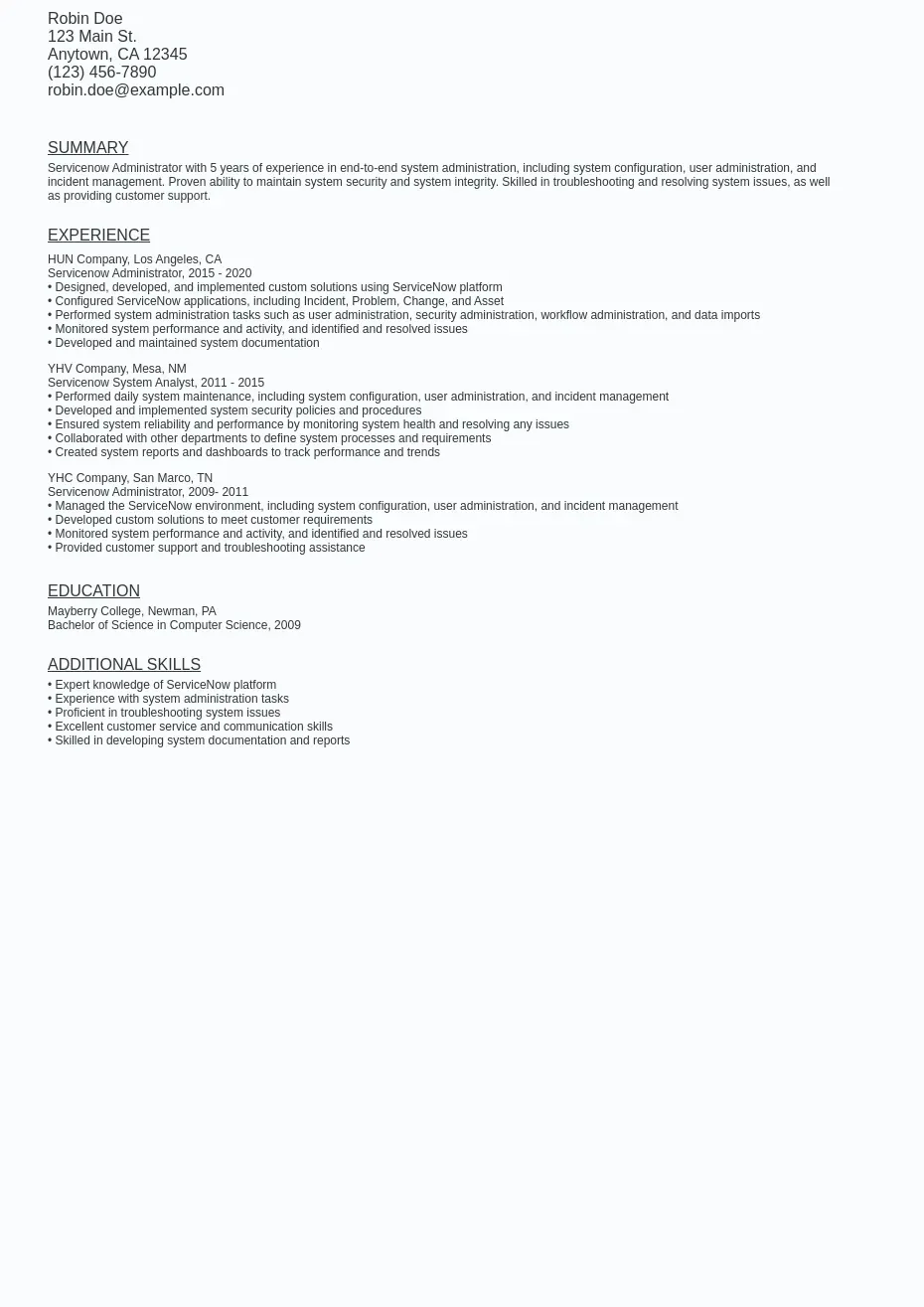 Servicenow Administrator Resume Sample Template (Free) - Ziprecruiter