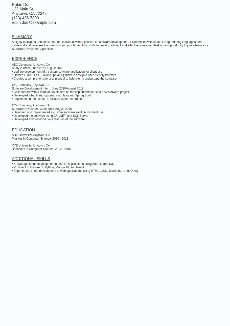 Software Developer Apprenticeship Resume Sample Template - Ziprecruiter