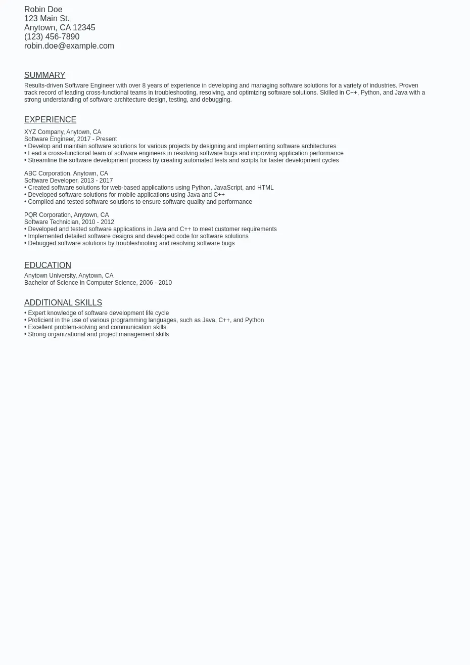 Software Engineer Resume Sample Template (Free Download) - Ziprecruiter