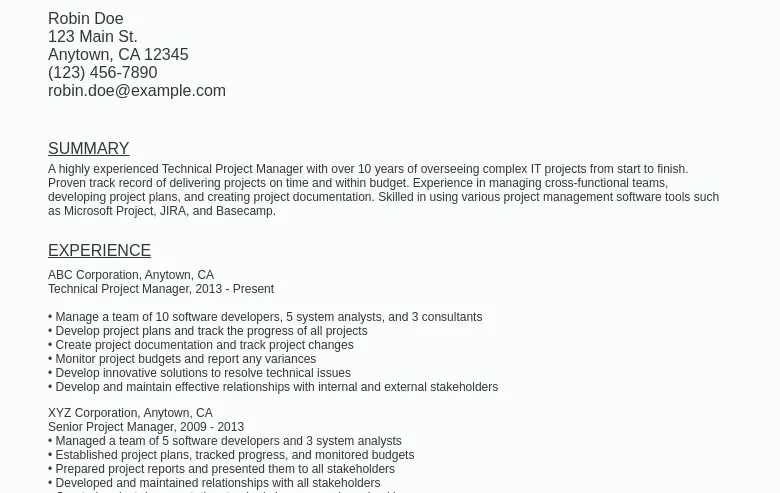 Technical Project Manager Resume Sample Template (Free) - Ziprecruiter