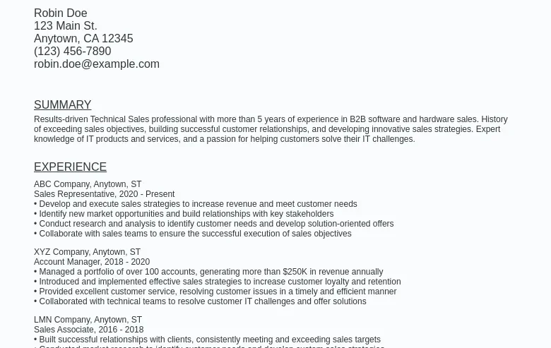 Technical Sales Resume Sample Template (Free Download) - Ziprecruiter