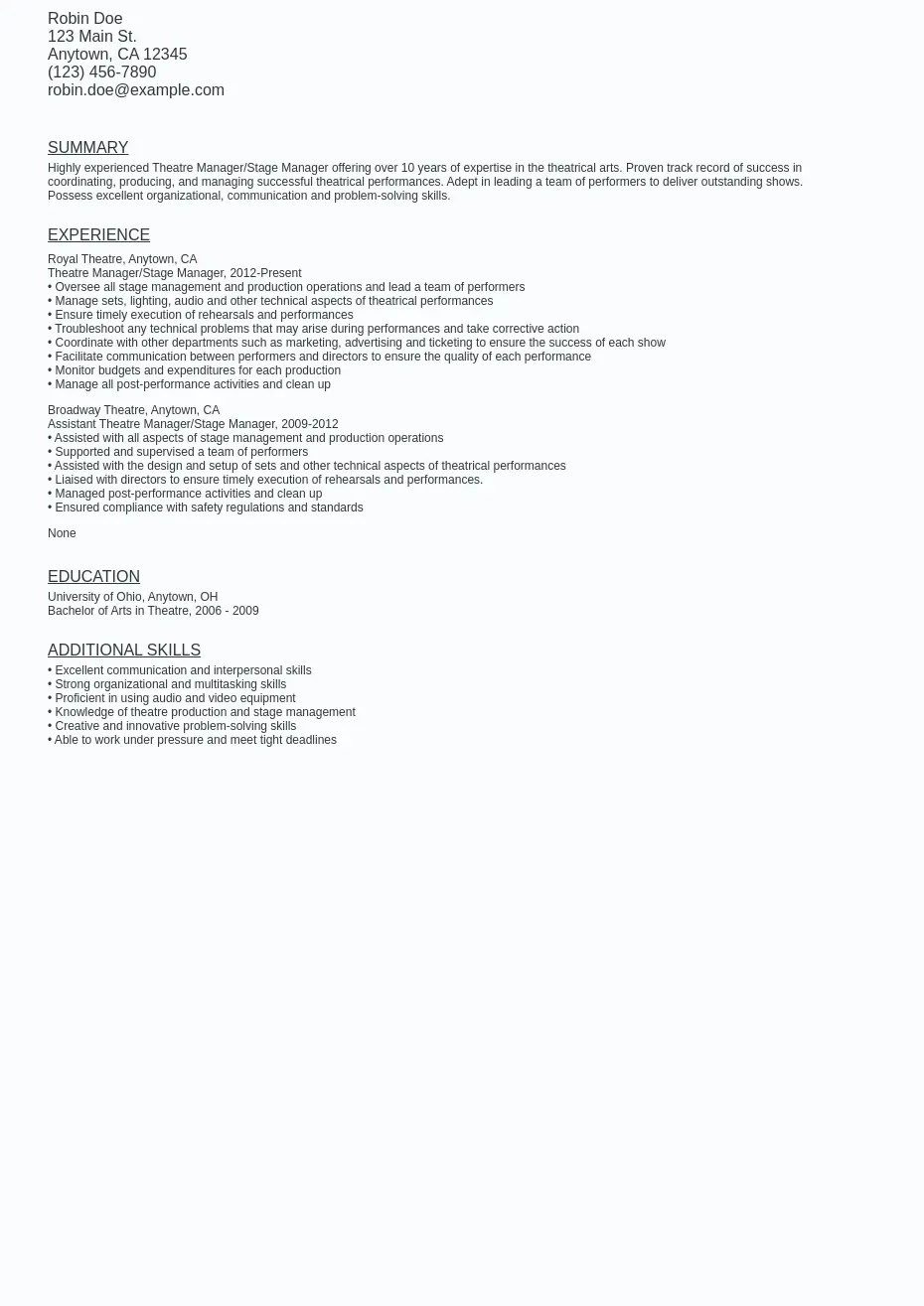 Stage Manager Resume