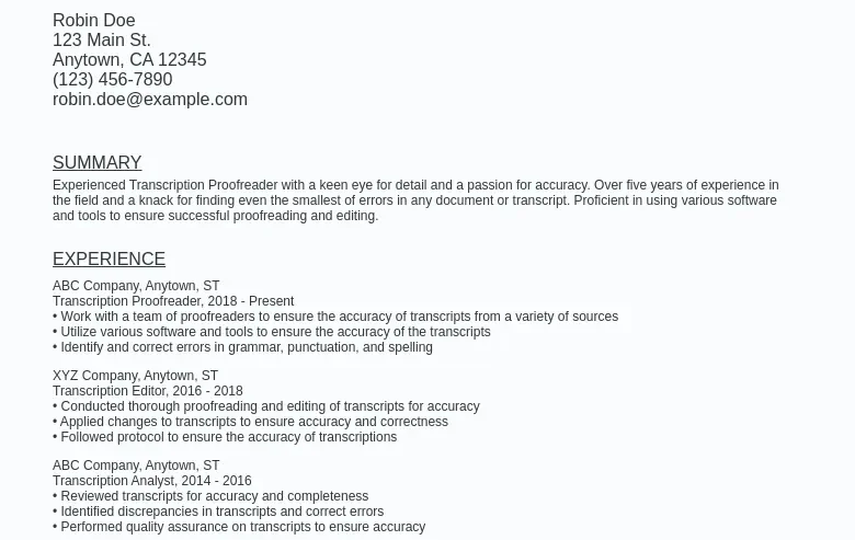 Transcription Proofreader Resume Sample Template (Free) - Ziprecruiter