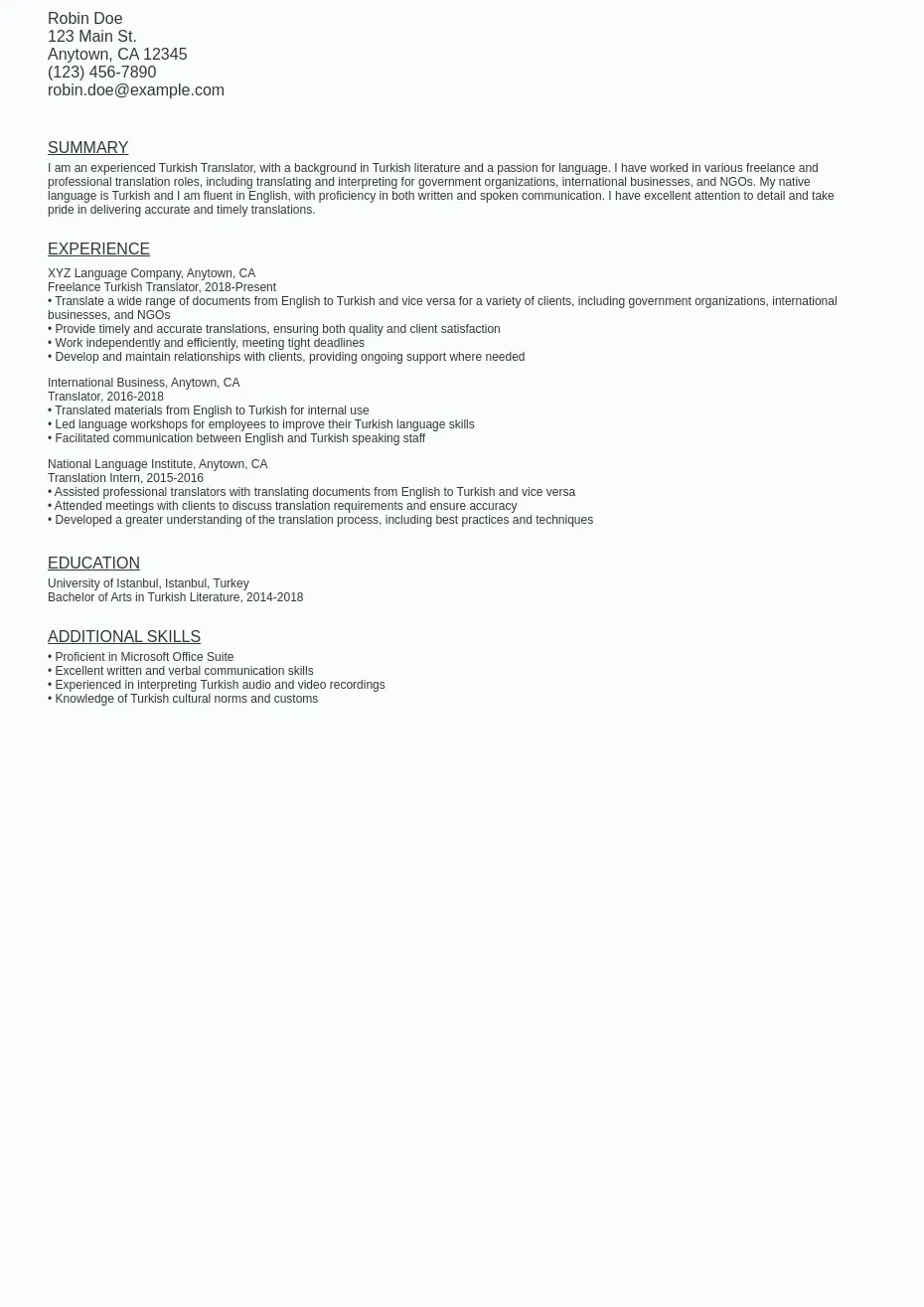 Turkish Translator Resume Sample Template (Free Download) - Ziprecruiter