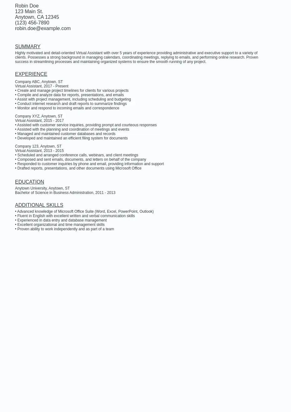 Virtual Assistant Resume Sample Template (Free Download) - Ziprecruiter