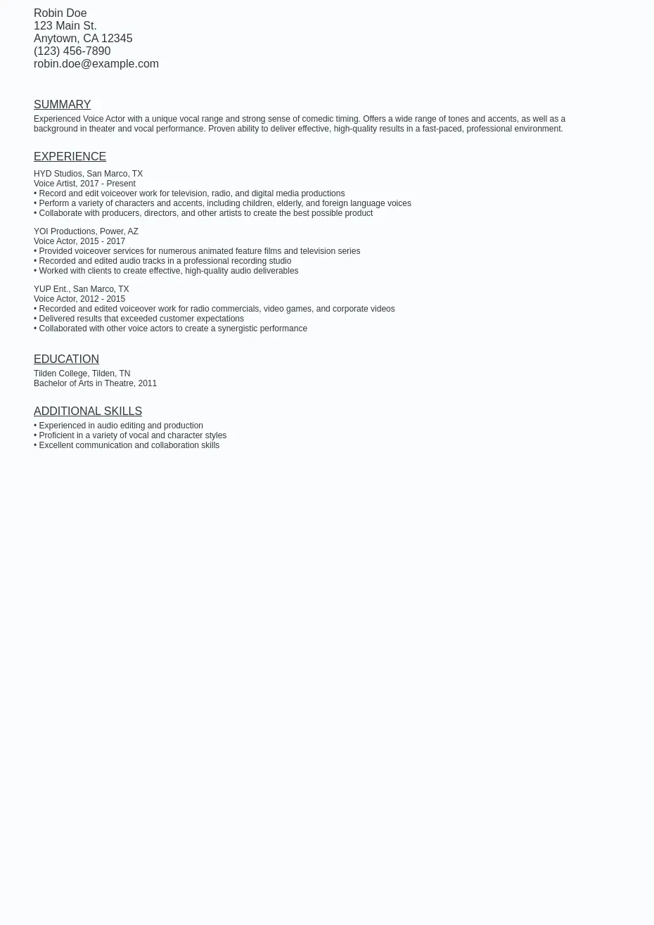 Voice Over Resume Sample Template (Free Download) - Ziprecruiter