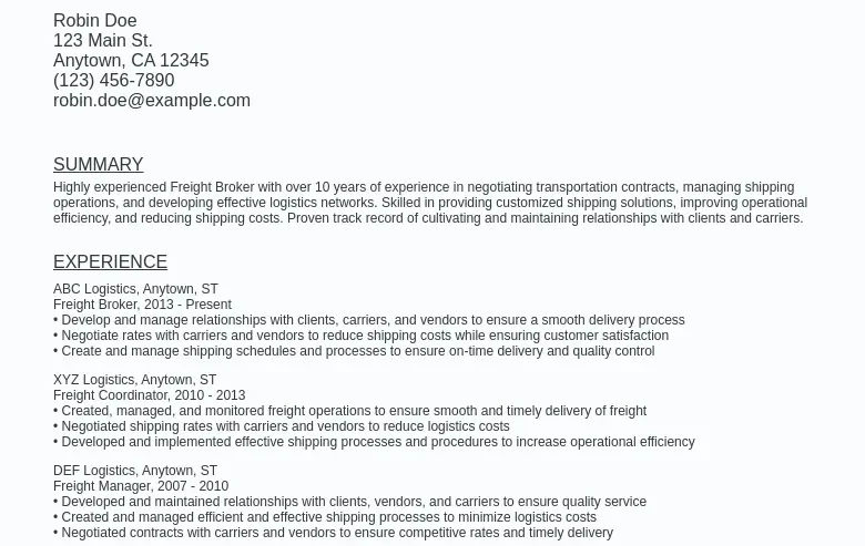 Work From Home Freight Broker Resume Sample Template (Free) - Ziprecruiter