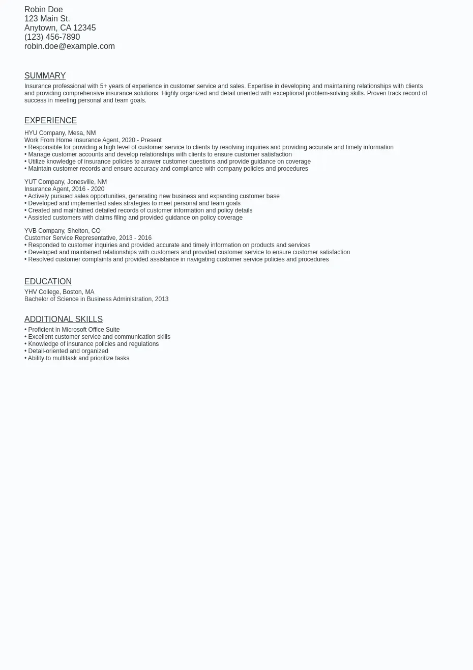 Insurance Personal Sample Resume