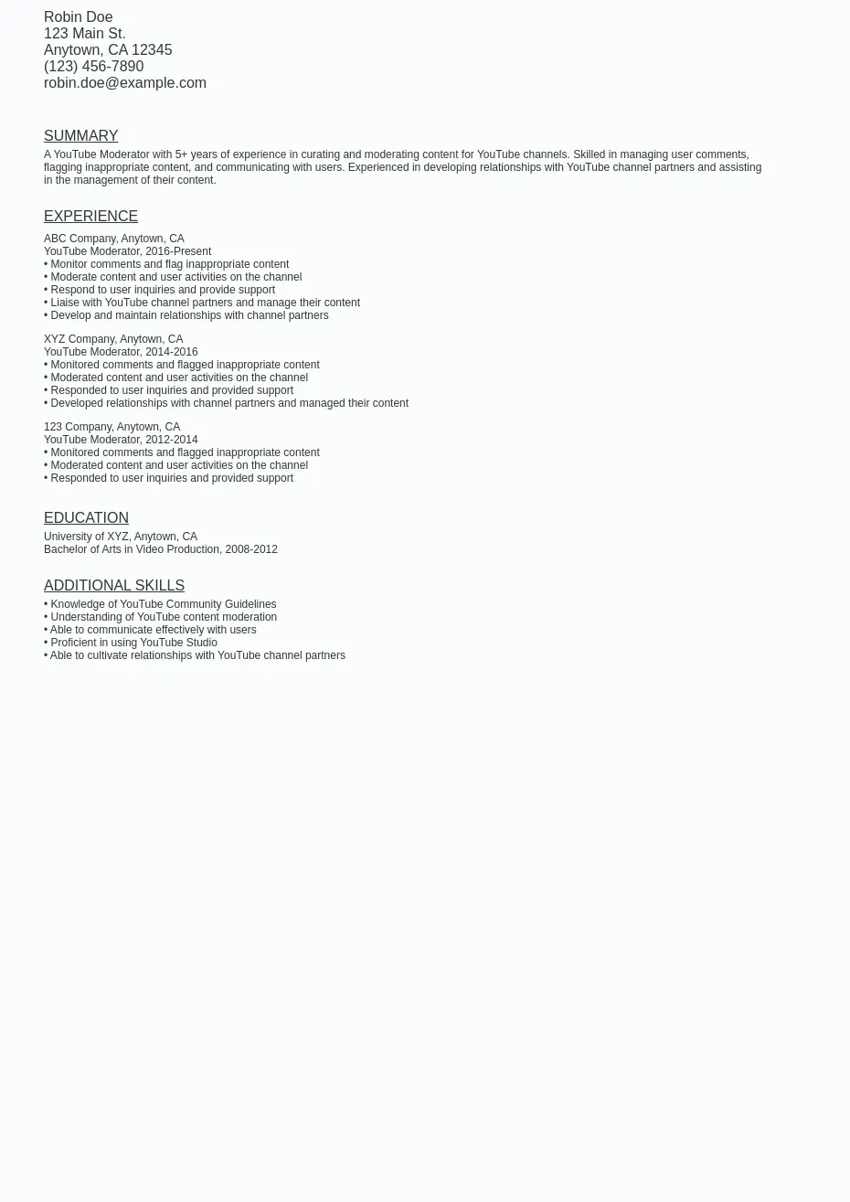 Youtube Moderator Resume Sample Template (Free Download) - Ziprecruiter